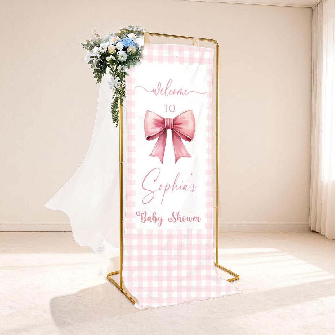 Pink Plaid Welcome Sign Banner Stand Pink Bow Baby Shower Birthday ...