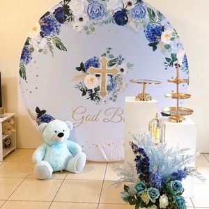 Custom God Bless Round Backdrop Cover Blue Flower Baby Baptism ...