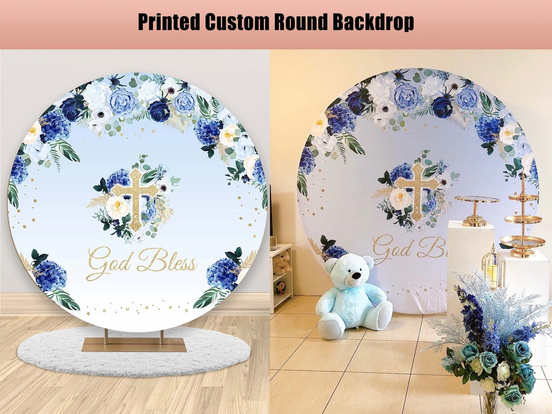 Custom God Bless Round Backdrop Cover Blue Flower Baby Baptism ...