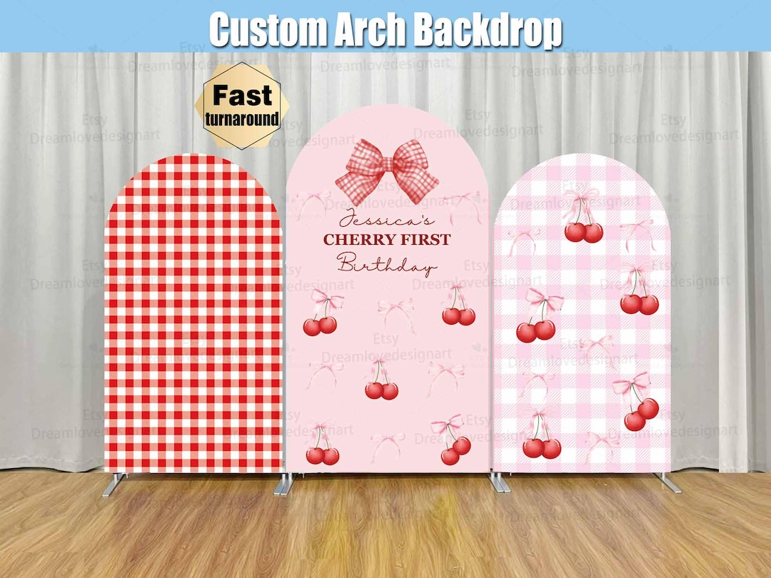 Cherry Red Plaids Arch Backdrop Cover Stand Berry First 1st Birthday Party Custom Pink Gingham ...