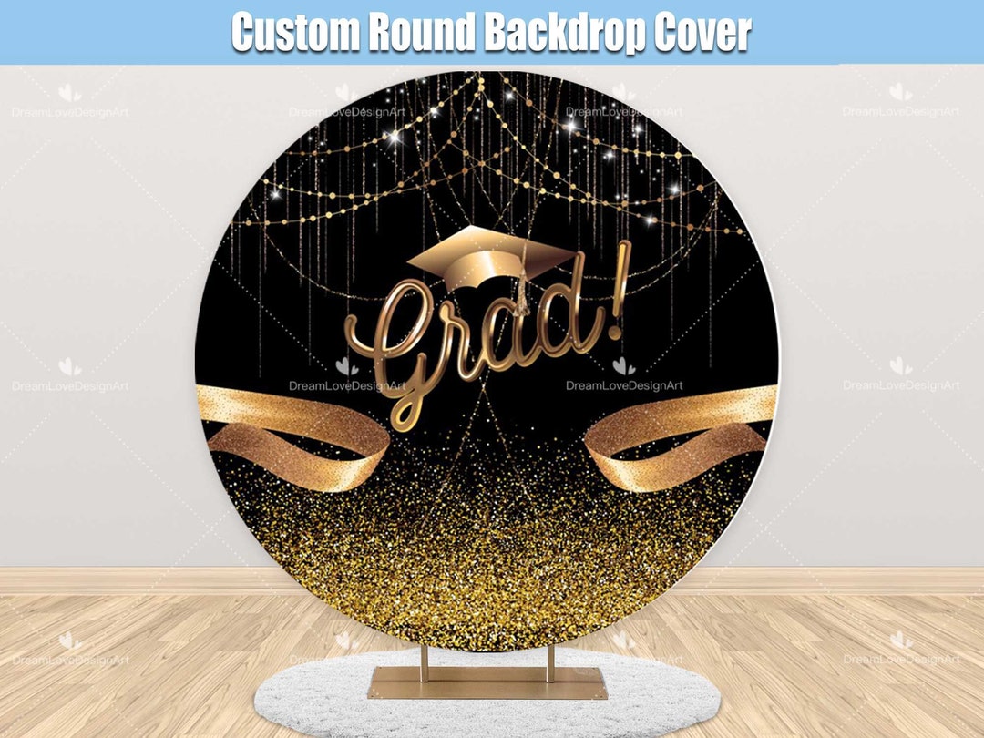 Graduation Round Backdrop Cover Fabric Gold Black Glitter Class of 2025 ...