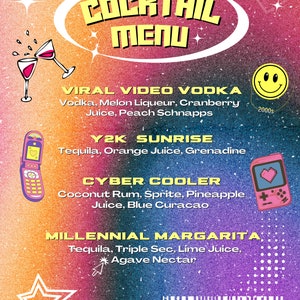 Y2K Inspired Cocktail Menu, New Years Eve Menu, Y2K, 2000s Inspire ...
