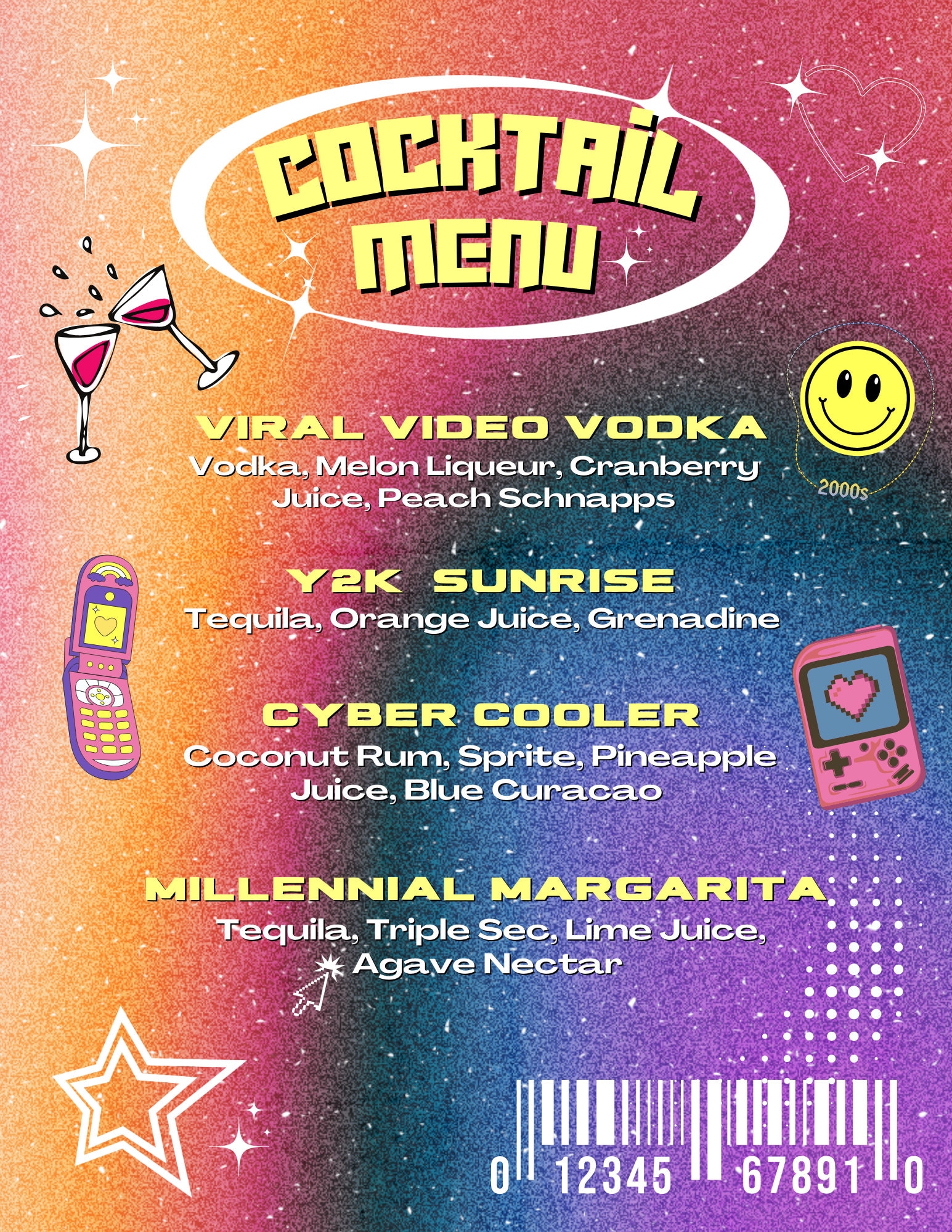 Y2K Inspired Cocktail Menu, New Years Eve Menu, Y2K, 2000s Inspire ...