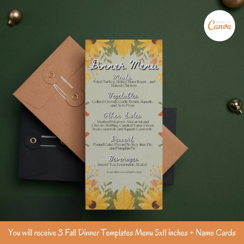 Thanksgiving Menu and Name Card | Fall Party |holiday Dinner Party ...