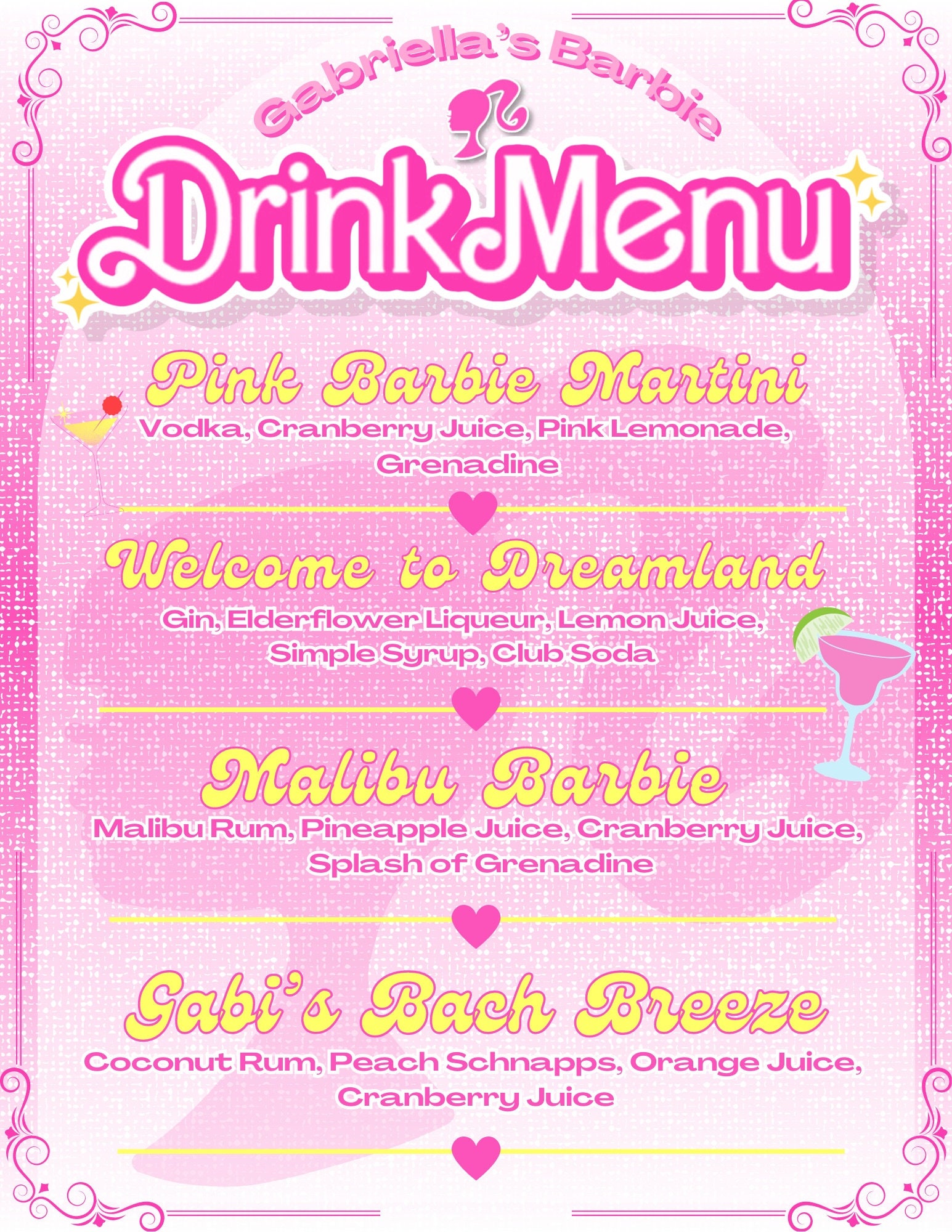 Pink Doll Inspired Drink Menu, Cocktail Recipes, Bachelorette Party ...