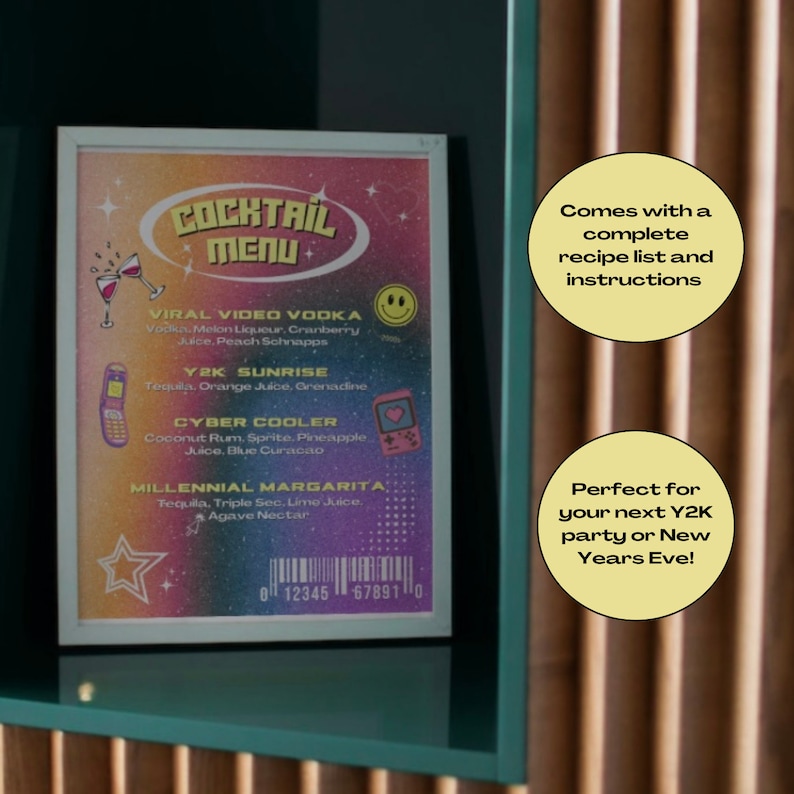 Y2K Inspired Cocktail Menu, New Years Eve Menu, Y2K, 2000s Inspire ...