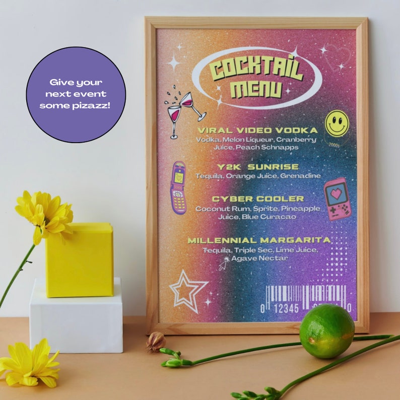Y2K Inspired Cocktail Menu, New Years Eve Menu, Y2K, 2000s Inspire ...