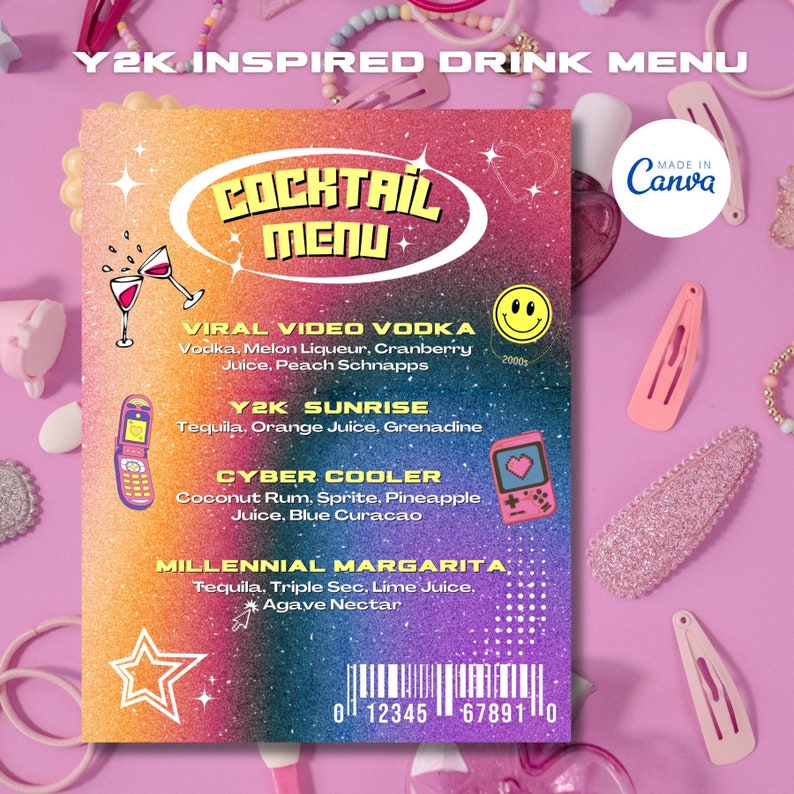Y2K Inspired Cocktail Menu, New Years Eve Menu, Y2K, 2000s Inspire ...