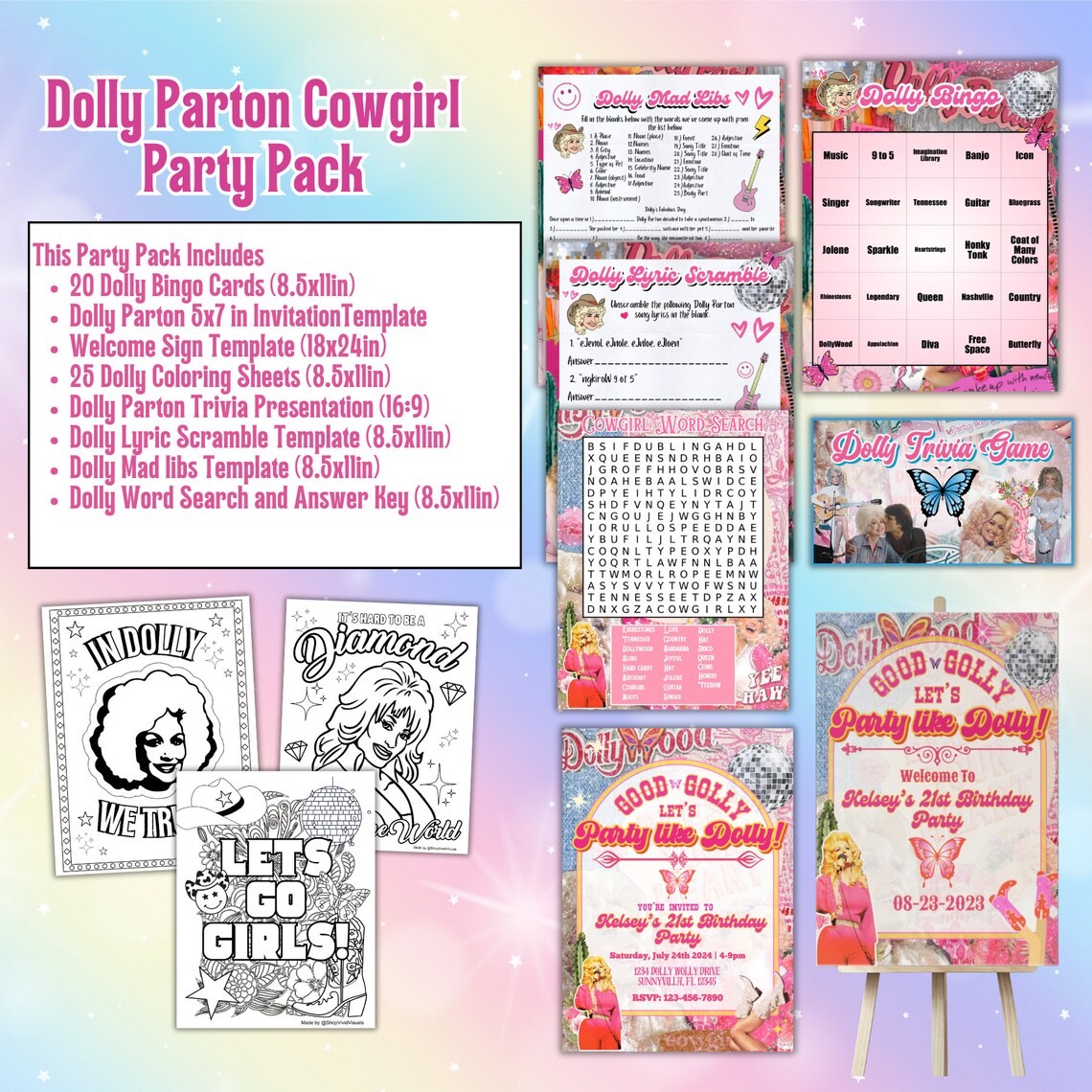 Dolly Parton, Kids Party Bundle, Birthday Games, Coloring Pages, Party ...