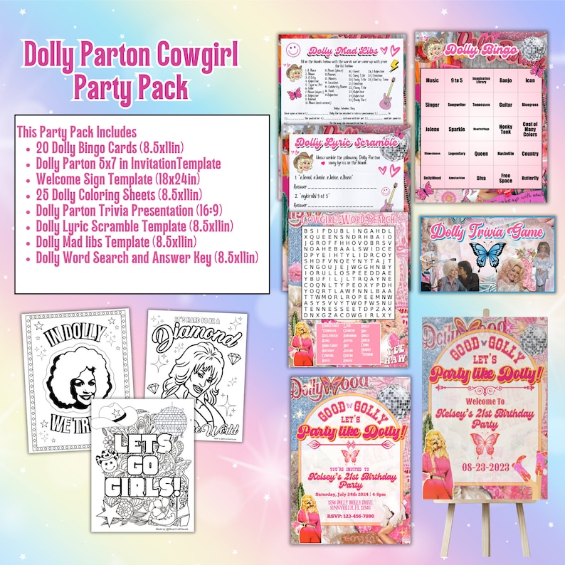 Dolly Parton, Kids Party Bundle, Birthday Games, Coloring Pages, Party ...