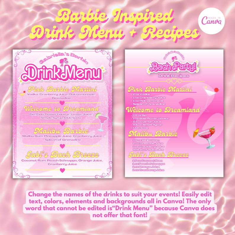 Pink Doll Inspired Drink Menu Dinner Party Menu Birthday Party Menu Template Barb Bar Menu