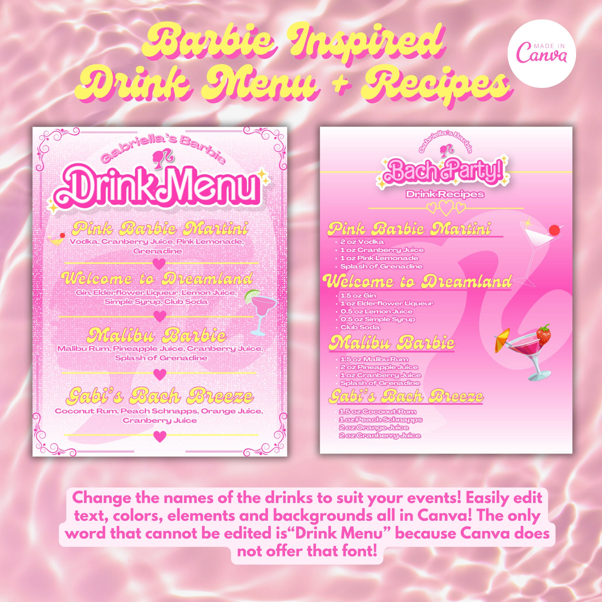 Pink Doll Inspired Drink Menu, Cocktail Recipes, Bachelorette Party ...