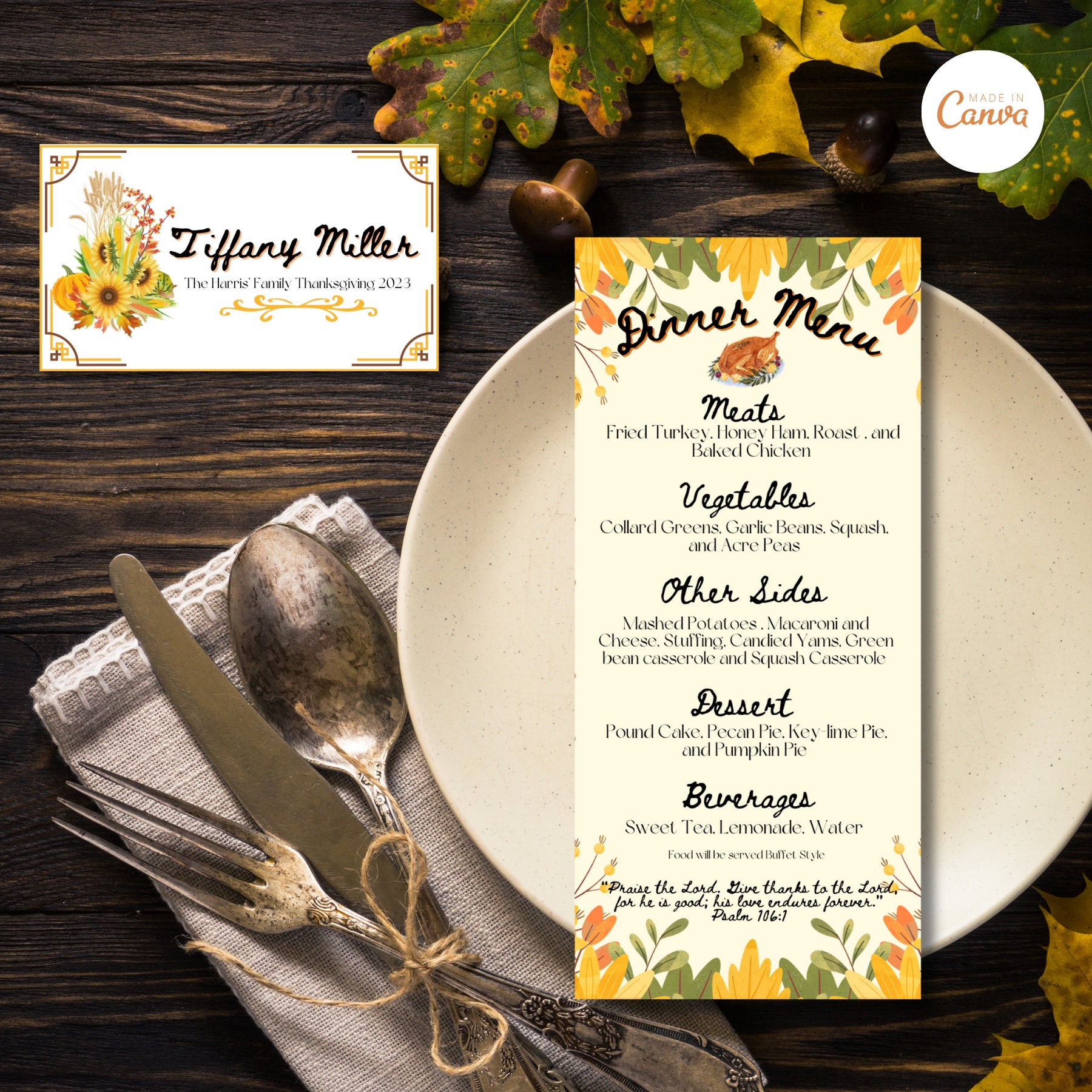 Thanksgiving Menu and Name Card | Fall Party |holiday Dinner Party ...
