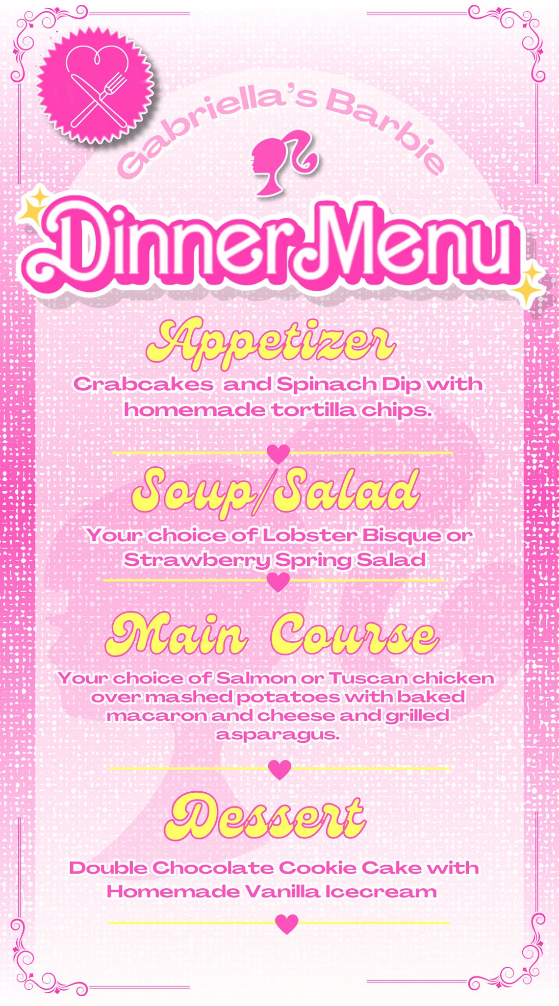 Pink Doll Inspired Menu || Birthday Dinner Party|| Dinner Party Menu ...