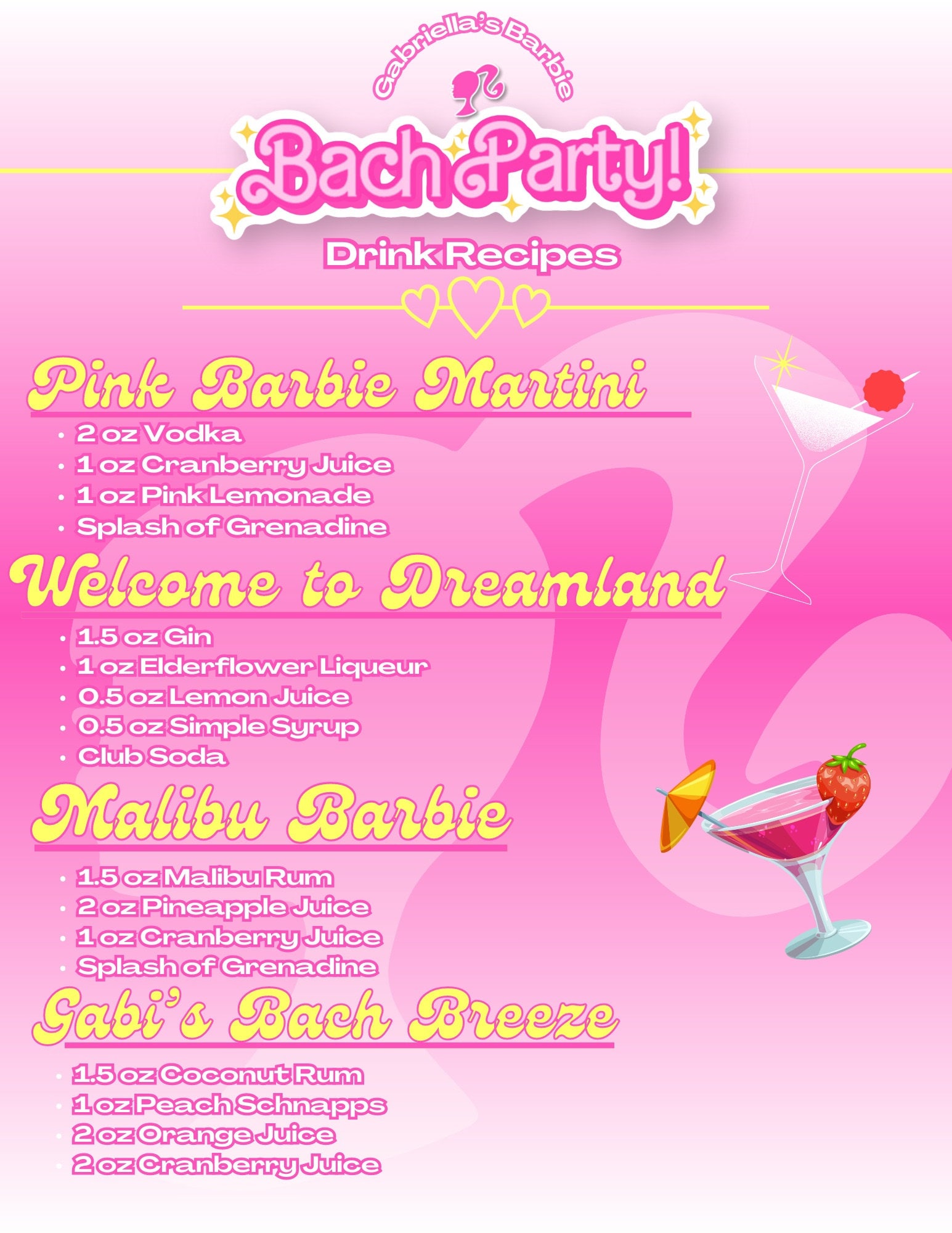 Pink Doll Inspired Drink Menu, Cocktail Recipes, Bachelorette Party ...