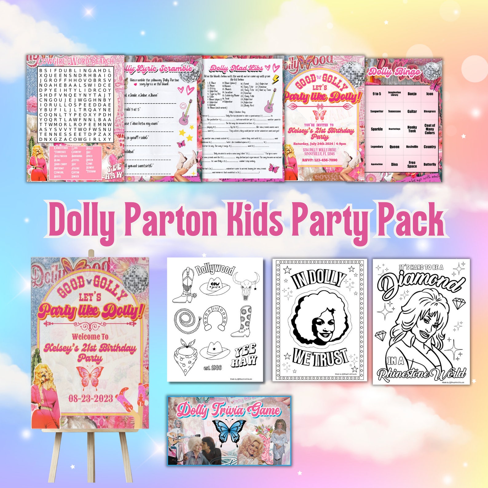 Dolly Parton, Kids Party Bundle, Birthday Games, Coloring Pages, Party ...