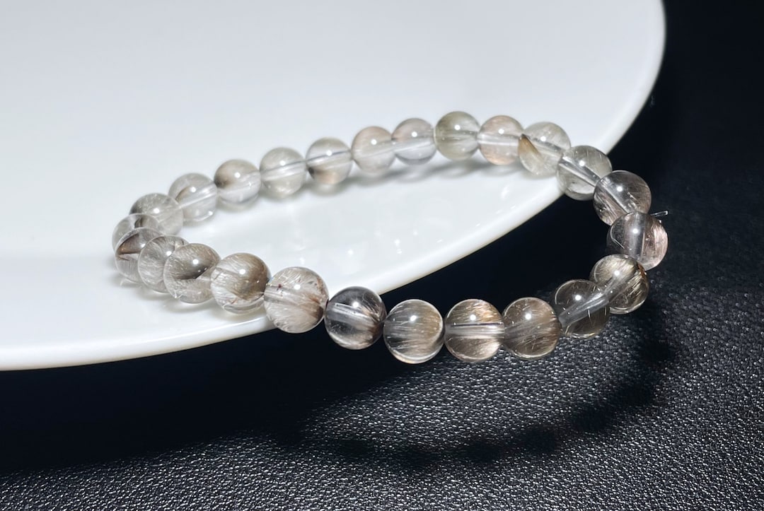 7mm, Certified Natural Brookite Silver Rutilated Quartz Beads Bracelet ...