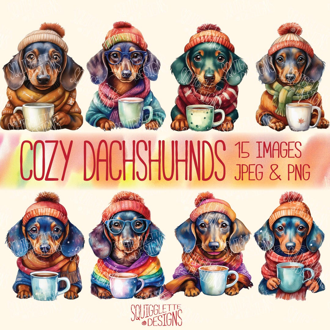 Cozy Dachshunds Winter Clip Art | 15 PNG & JPEG Dog Illustrations ...