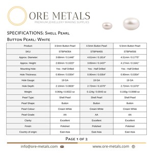 3.5mm - 8mm White Button Pearls | High Lustre AA | Half Drilled Loose ...