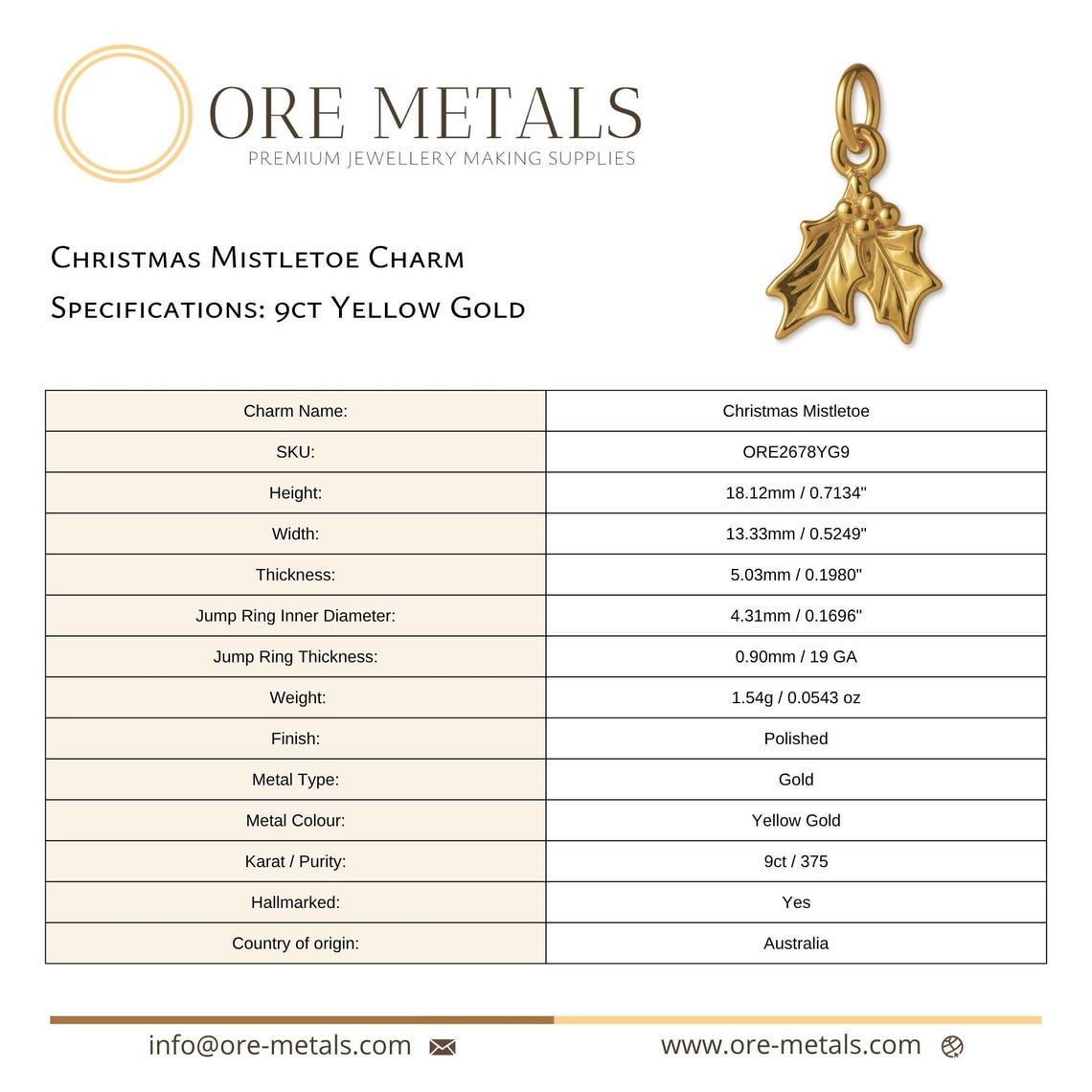 Solid 9ct Yellow Gold Christmas Mistletoe Charm - Christmas Charms - 9k ...