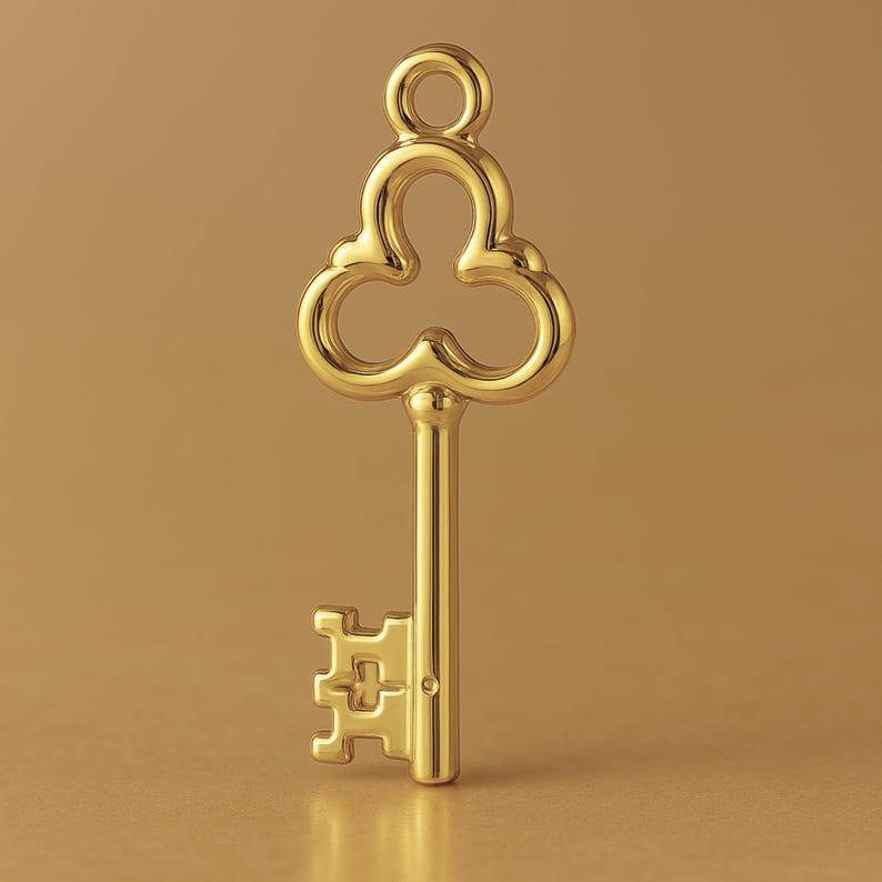 Solid 18ct Yellow Gold Clover Castle Key Charm - 18k Gold Necklace ...