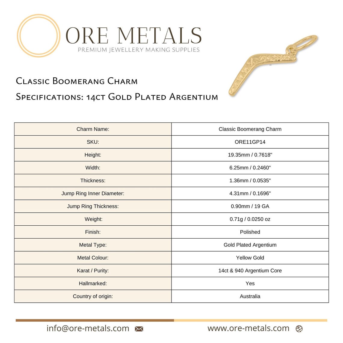14ct Gold Plated Classic Boomerang Charm - Travel and Adventure Charms ...