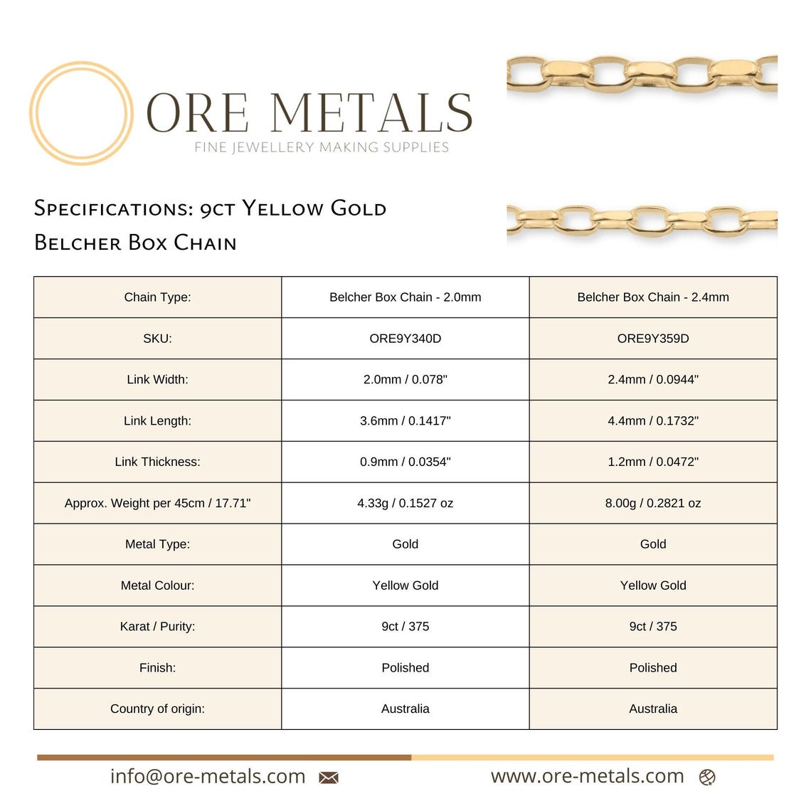 9k Solid Gold Belcher Box Chain Roll - 375 Yellow Gold Loose Chain ...