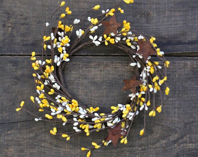 Pillar Candle Ring, Ivory and Yellow Pip Berry & Rusty Stars 4 Inch ...