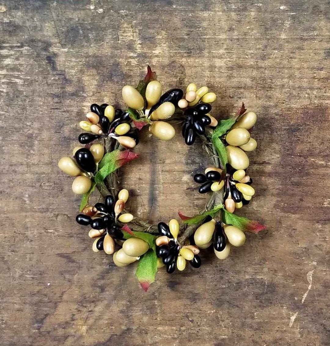 1.5 Inch Candle Rings set of 2, Black & Khaki Mini Wreaths, Berry ...