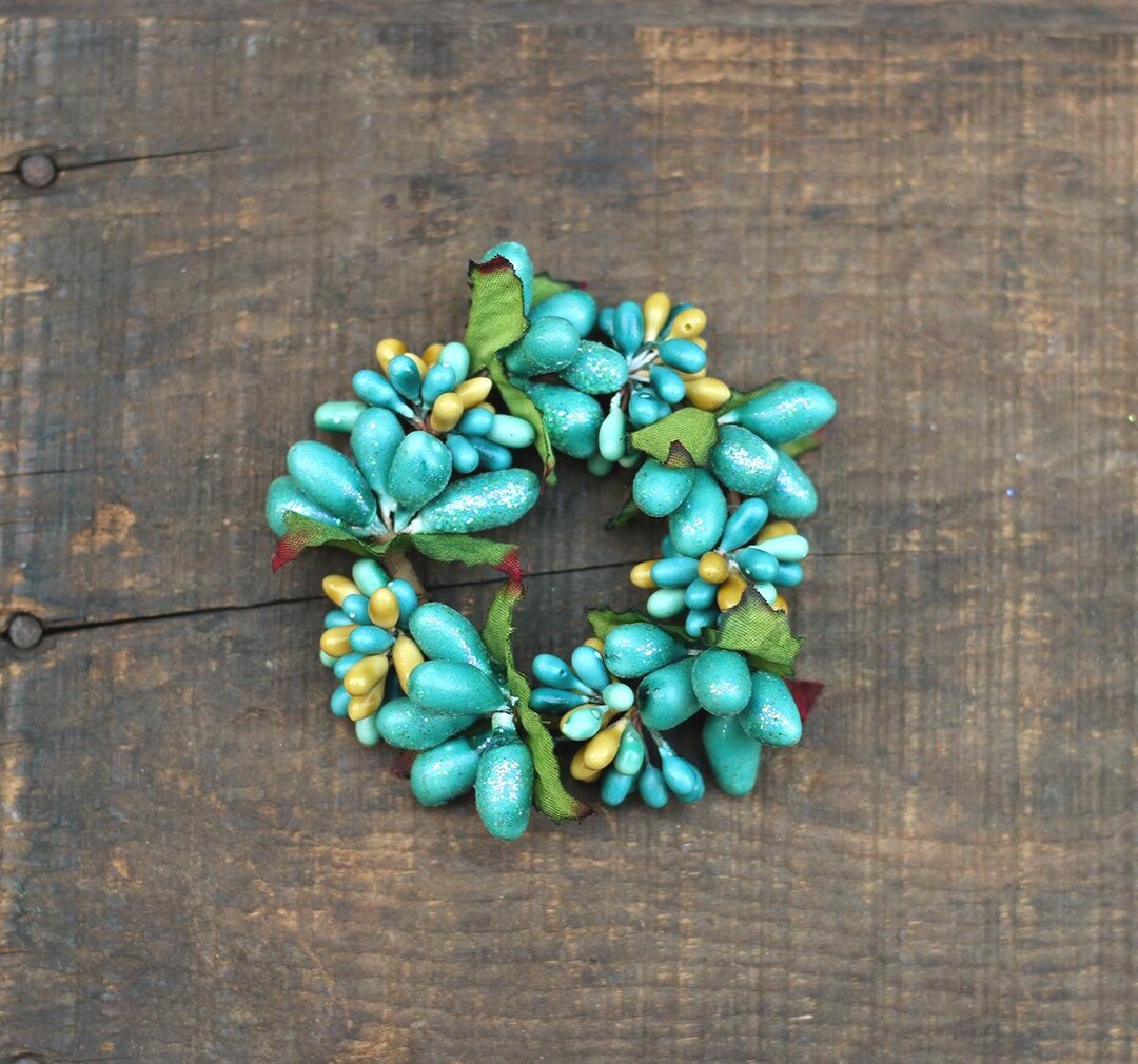 Taper Candle Rings (set of 2), Teal 1.5 Inch Berry Mini Wreaths ...
