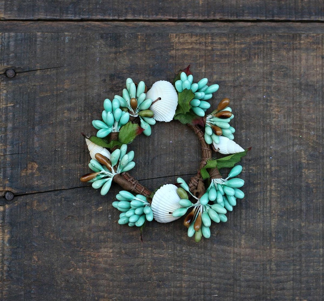 1.5 Inch Candle Rings set of 2, Teal Berries & Shells Mini Wreaths ...