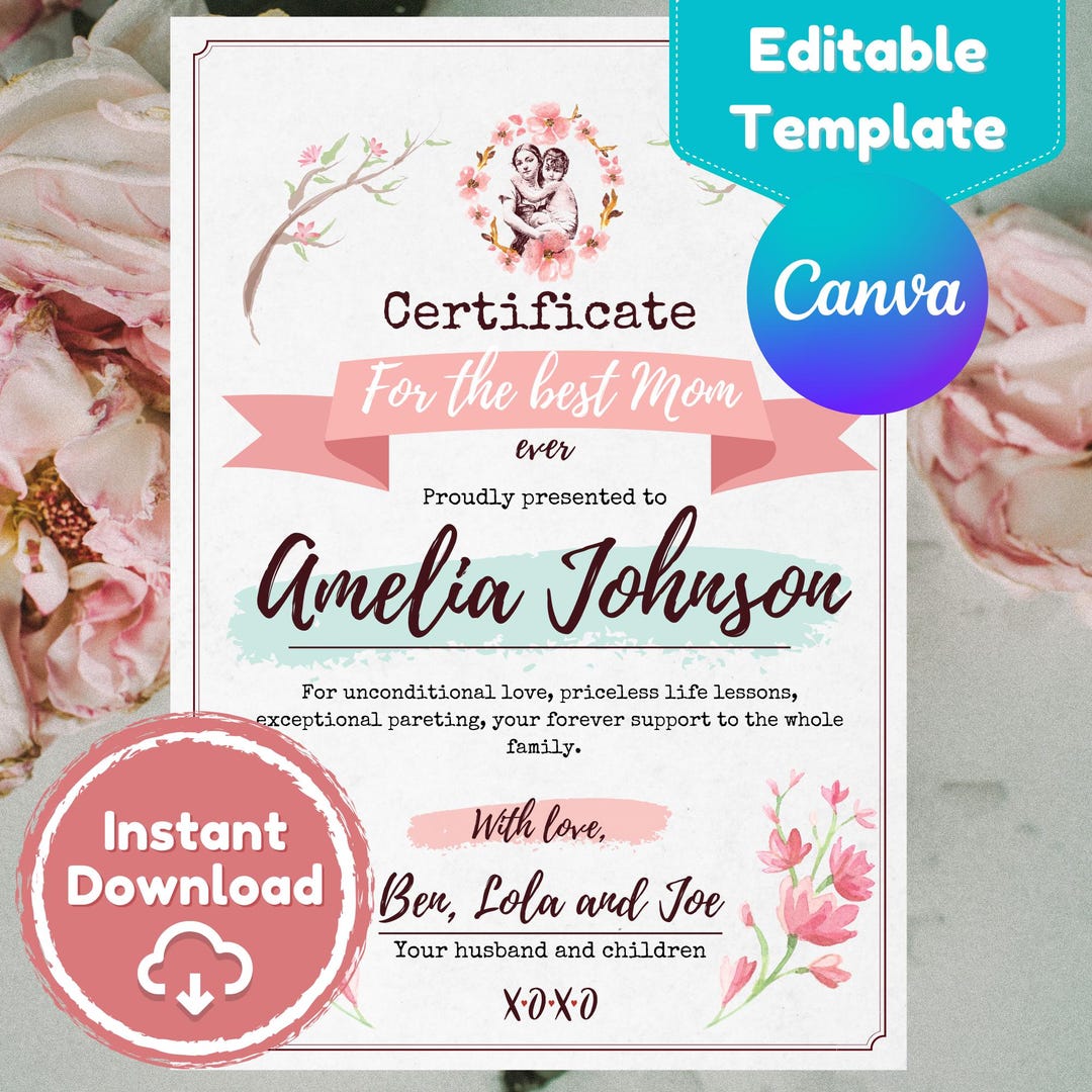 Best Mom Certificate | Editable Canva Template | Mother’s Day Gift ...