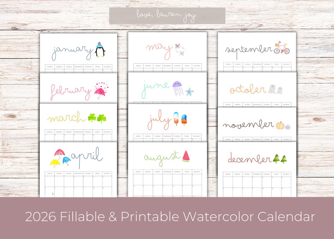 2026 Fillable Printable Watercolor Monthly Calendar | 8.5 X 11 ...