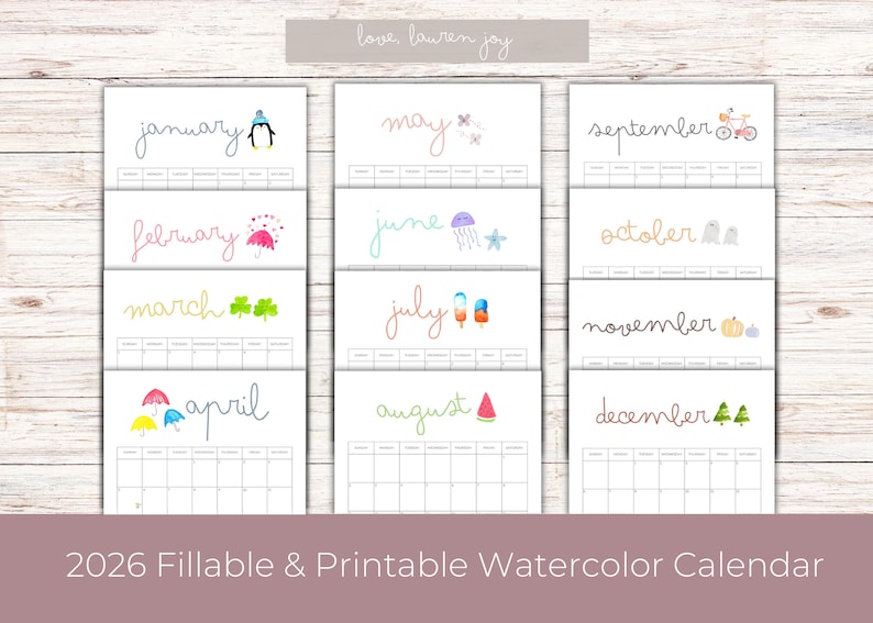 2026 Fillable Printable Watercolor Monthly Calendar | 8.5 X 11 ...