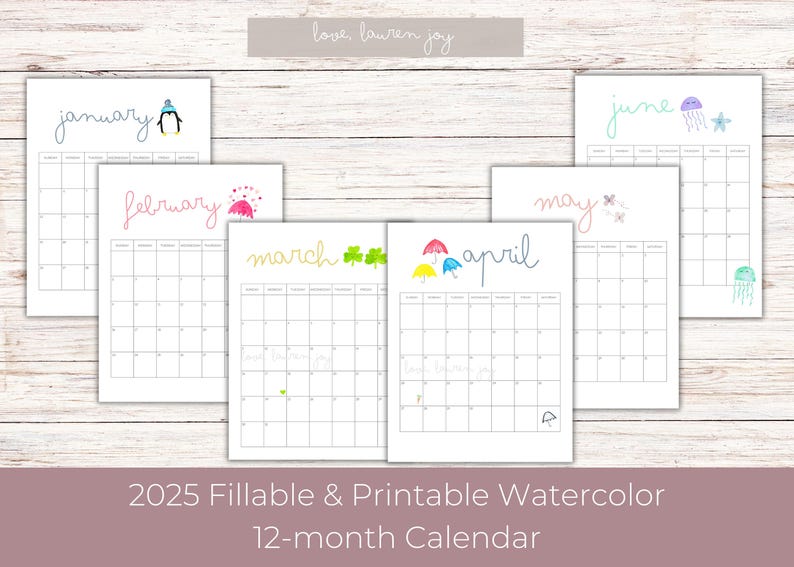 2025 Fillable Printable Watercolor Monthly Calendar | 8.5 X 11 ...