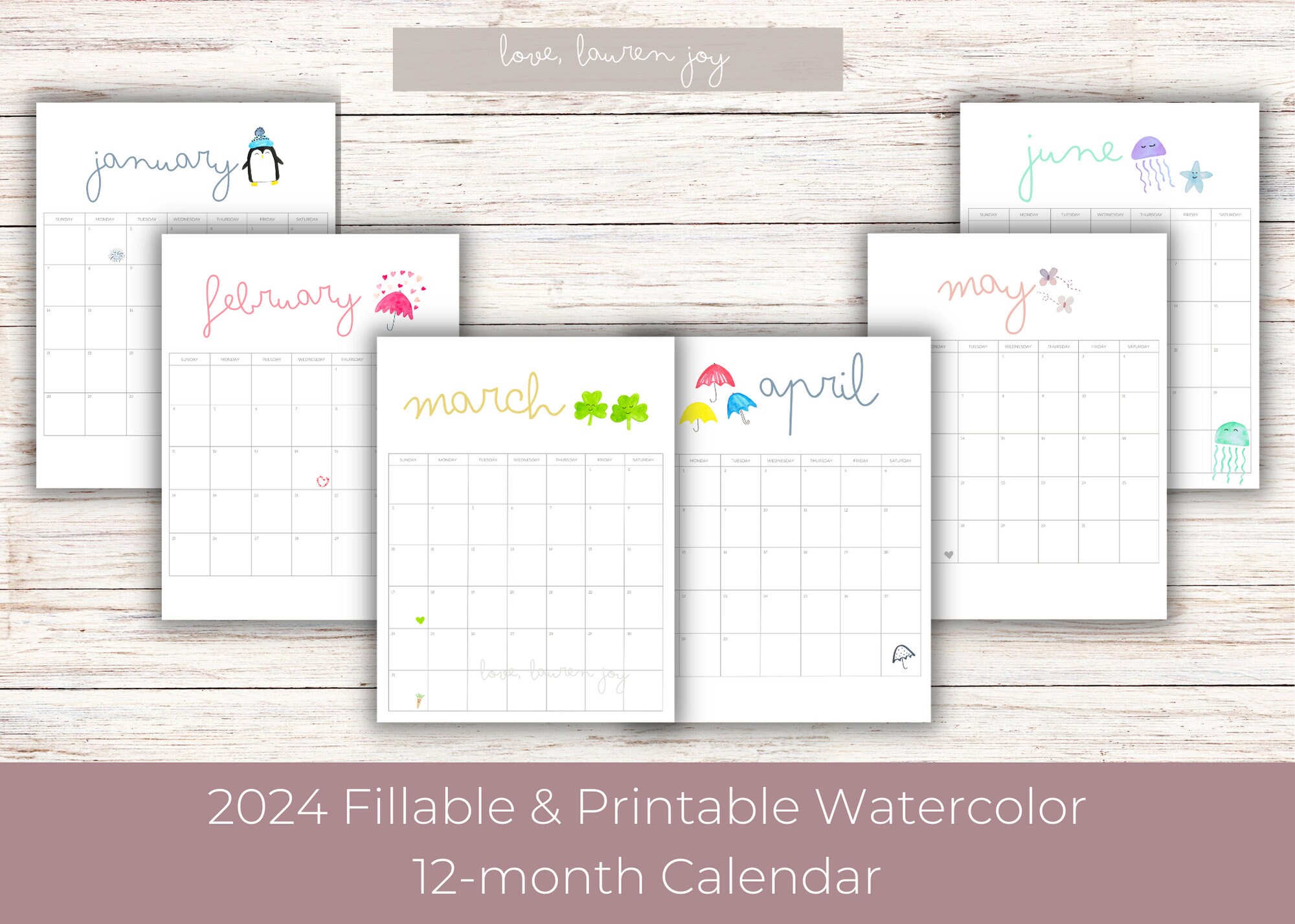 2024 Fillable Printable Watercolor Monthly Calendar 8.5 X 11 Portrait ...