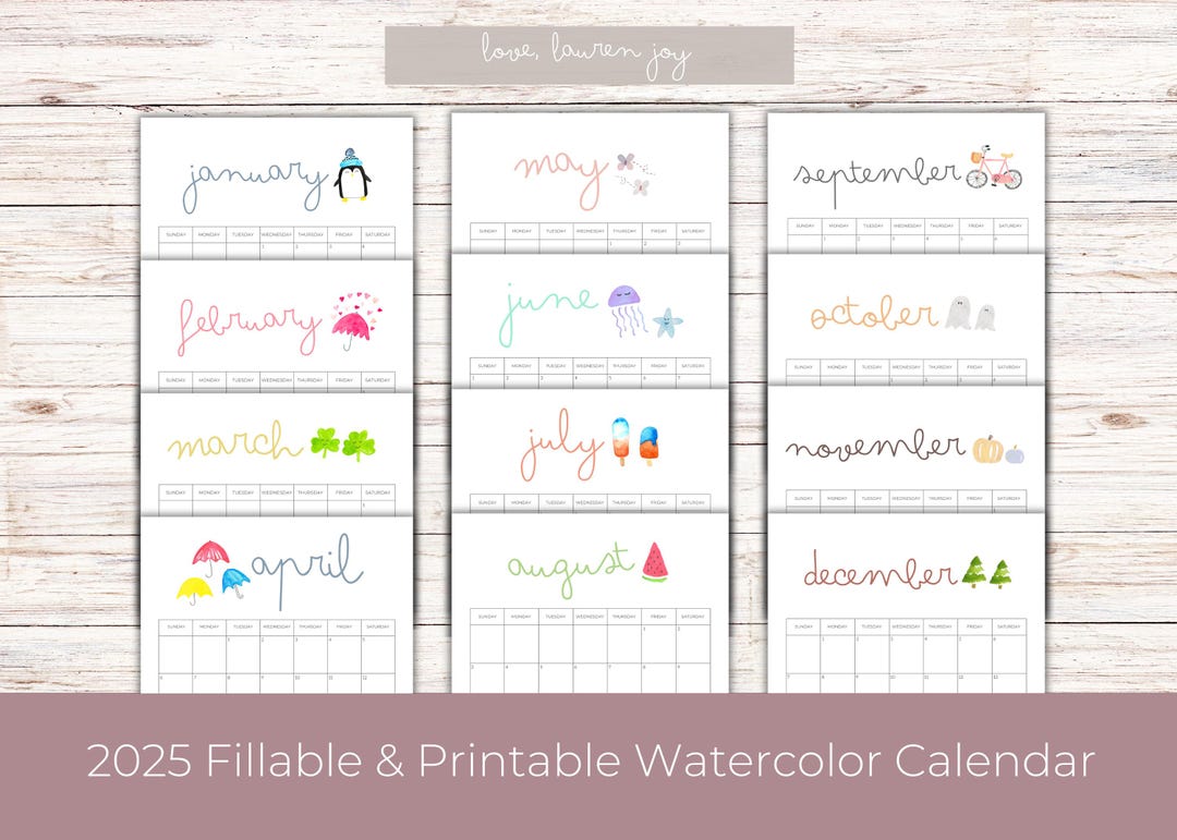 2025 Fillable Printable Watercolor Monthly Calendar | 8.5 X 11 ...
