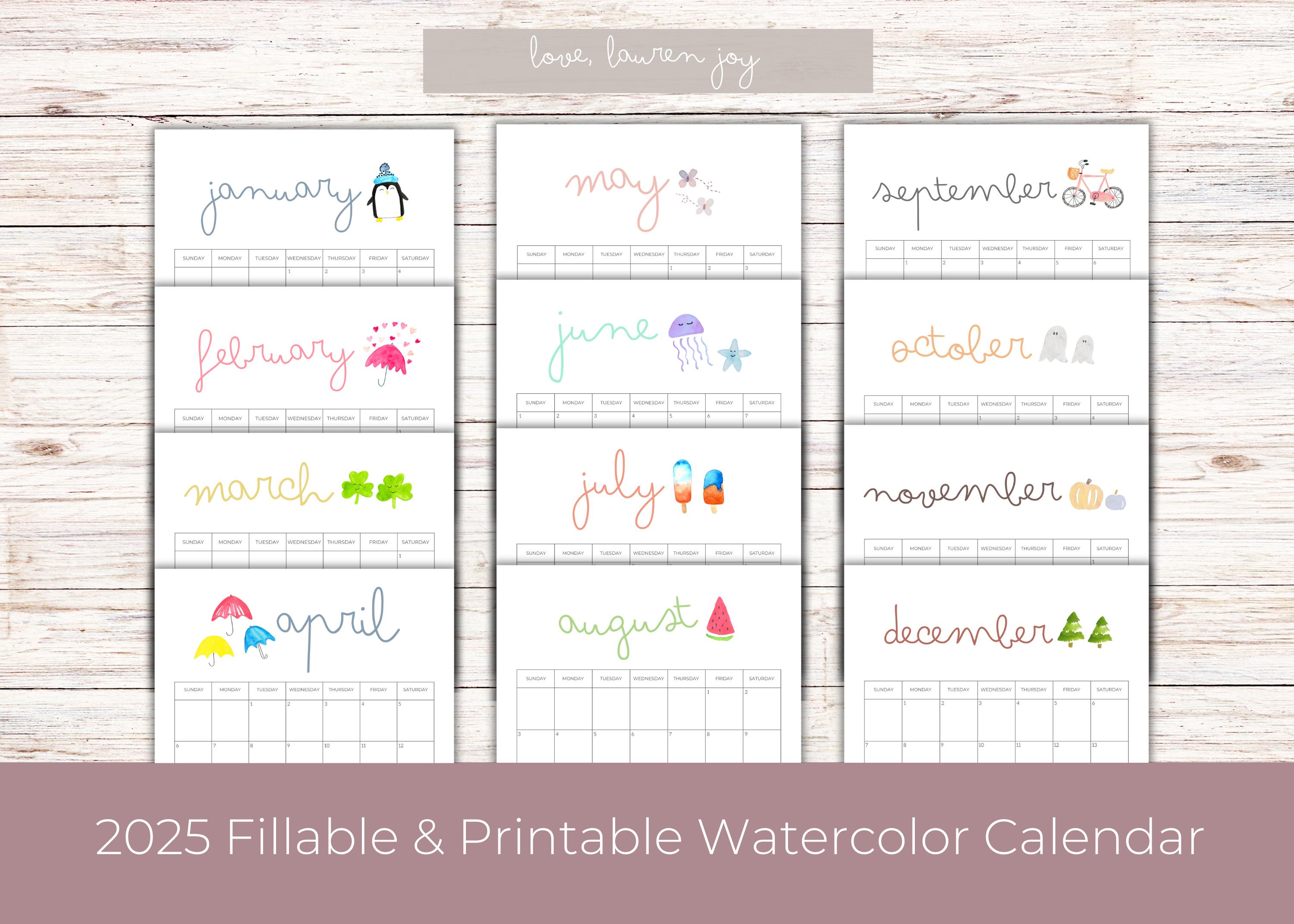 2025 Fillable Printable Watercolor Monthly Calendar | 8.5 X 11 ...