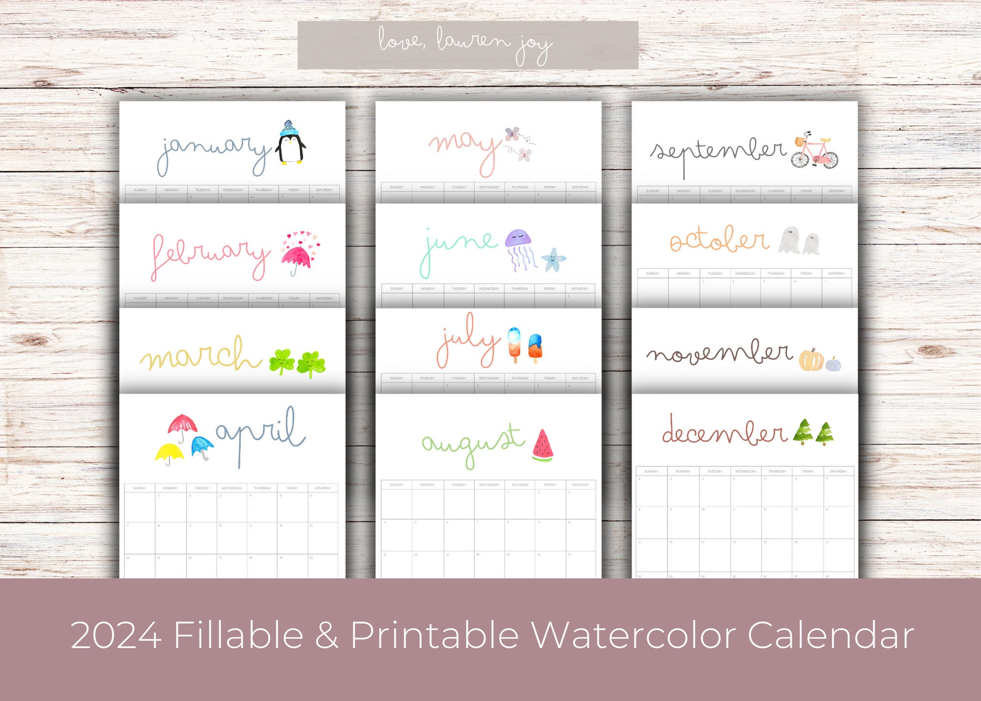 2024 Fillable Printable Watercolor Monthly Calendar 8.5 X 11 Portrait ...