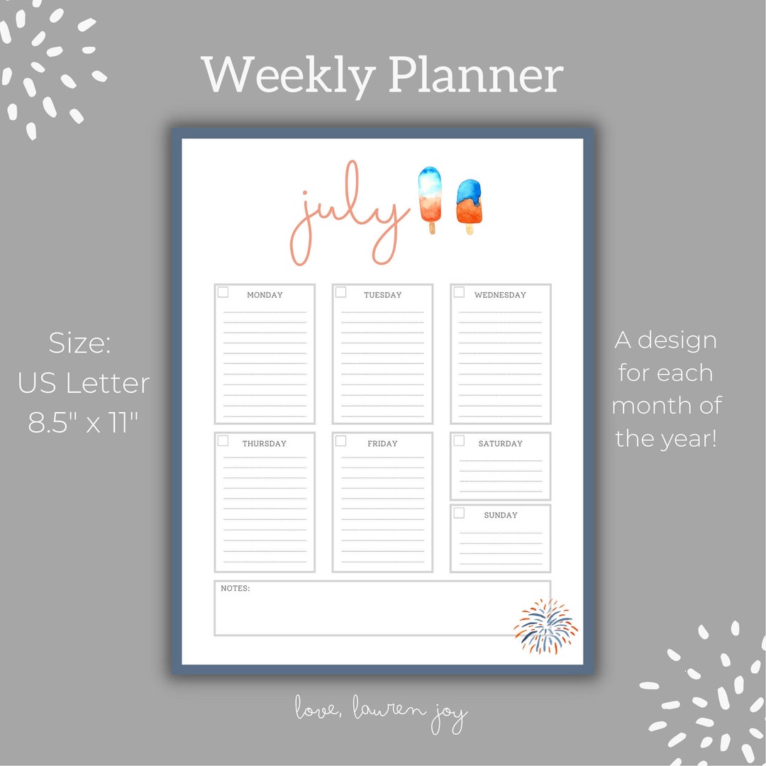 Printable Watercolor Weekly Planner | 8.5 X 11 | Portrait - Etsy