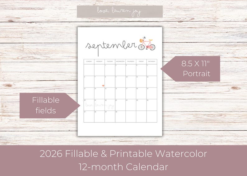 2026 Fillable Printable Watercolor Monthly Calendar | 8.5 X 11 ...