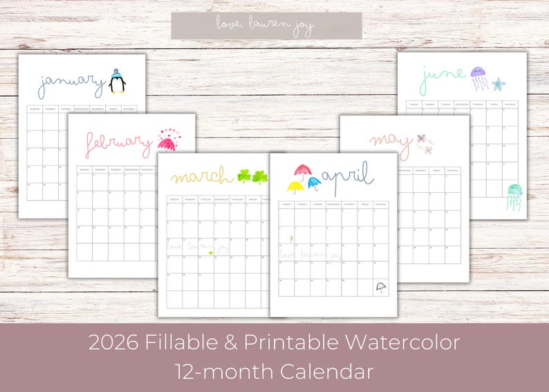 2026 Fillable Printable Watercolor Monthly Calendar | 8.5 X 11 ...