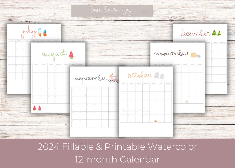 2024 Fillable Printable Watercolor Monthly Calendar 8.5 X 11 Portrait ...
