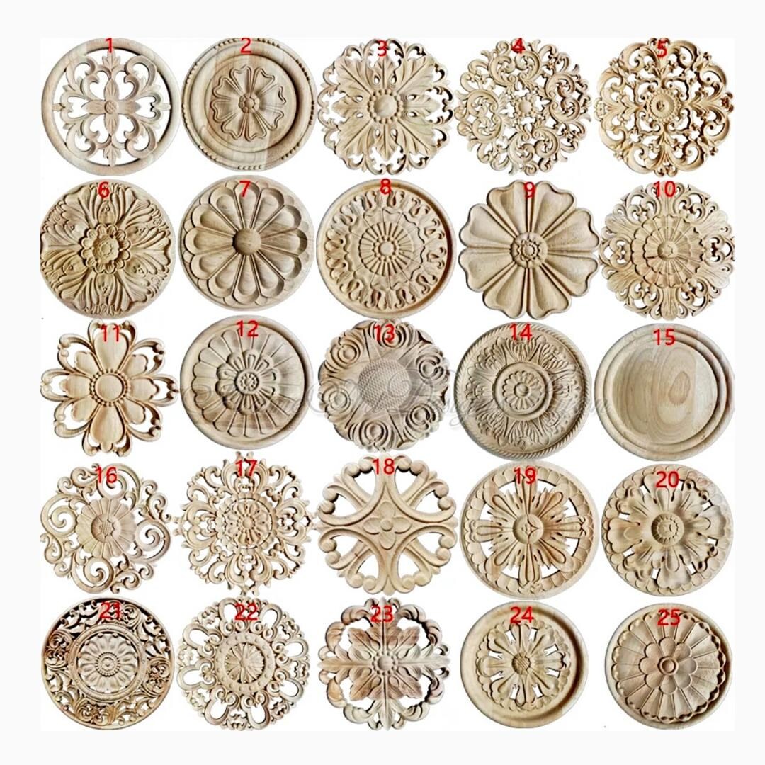 1 Piece Round Rosettes Applique Onlay, Unpainted Wood Carved Applique ...