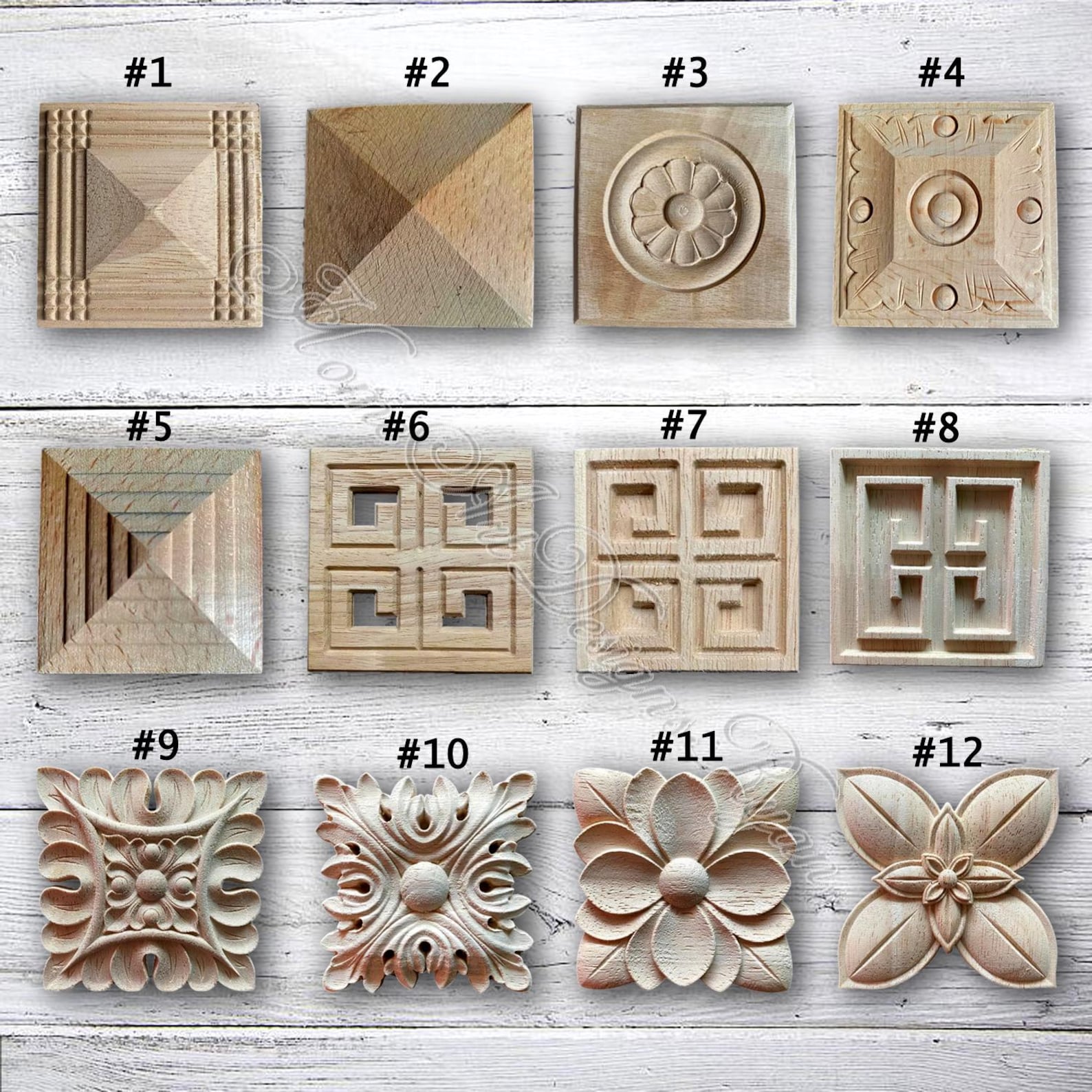 1 Piece Square Rectangle Rosettes Applique Onlay, Unpainted Wood Carved ...