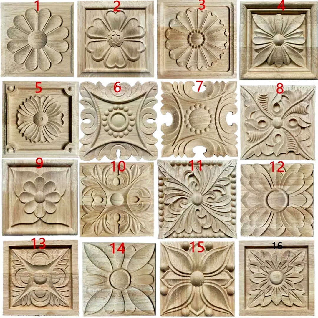 1 Piece Square Rosettes Applique Onlay, Unpainted Wood Carved Applique ...