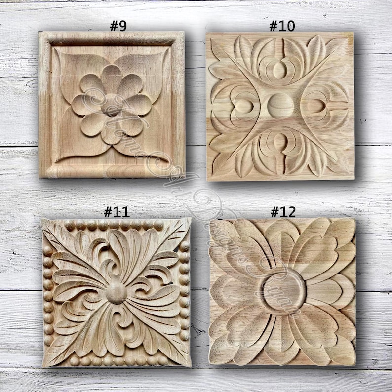1 Piece Square Rosettes Applique Onlay, Unpainted Wood Carved Applique ...