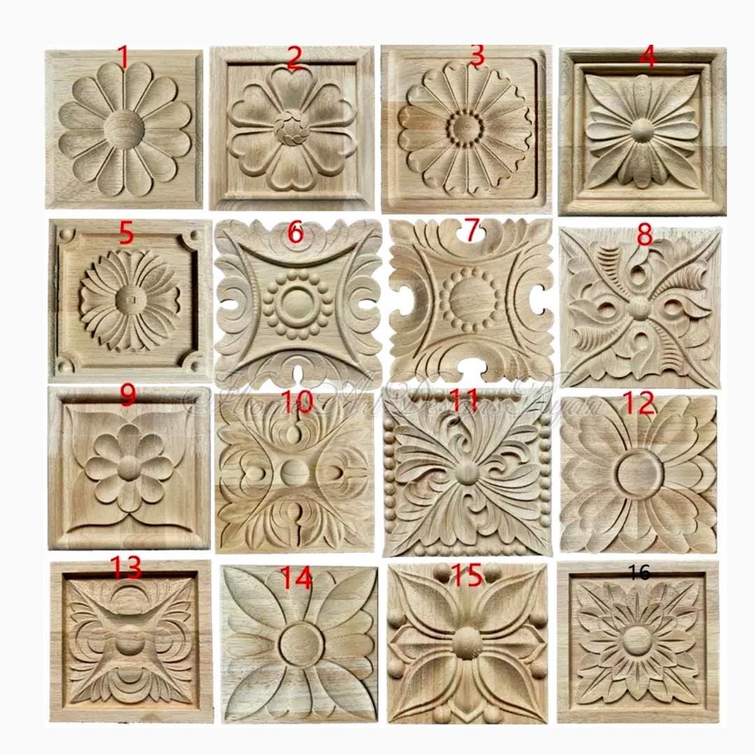 1 Piece Square Rosettes Applique Onlay, Unpainted Wood Carved Applique ...