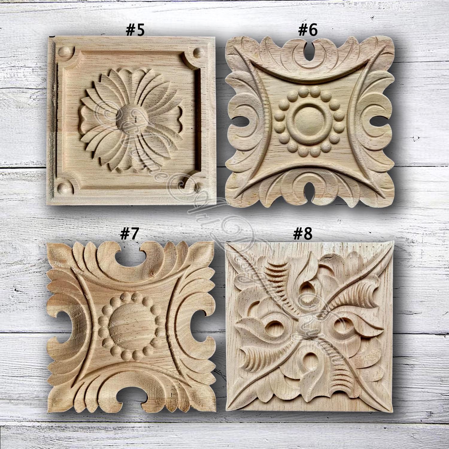 1 Piece Square Rosettes Applique Onlay, Unpainted Wood Carved Applique ...