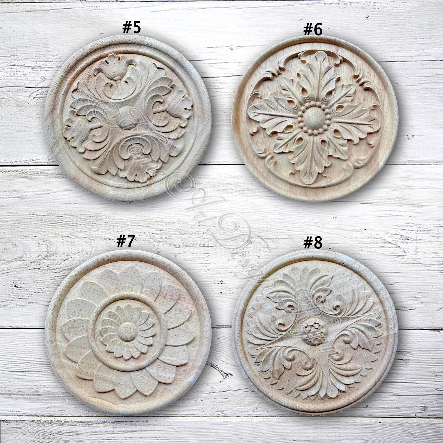 1 Piece Round Rosettes Applique Onlay, Unpainted Wood Carved Applique ...